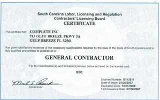 General Contracting Licensing FL, SC, NC and TX